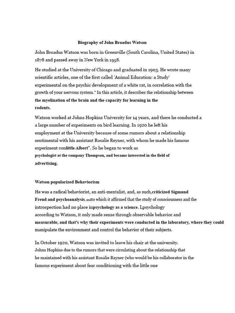 Biography of John Broadus Watson | PDF | Psychology | Behaviorism