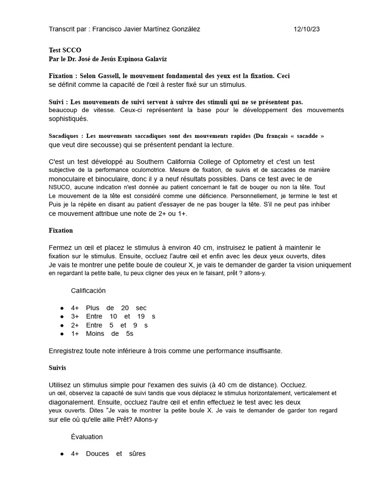 Test SCCO : Évaluation oculomotrice | PDF