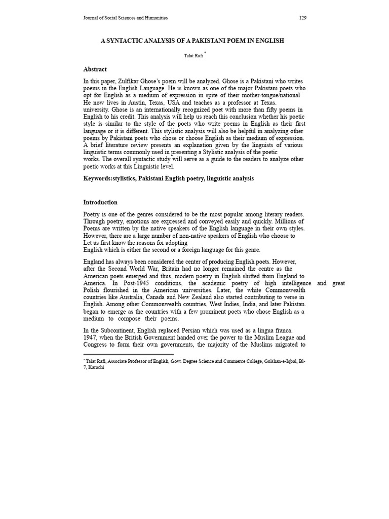 A Syntactic Analysis of A Pakistani Poem in English. | PDF | Phrase ...