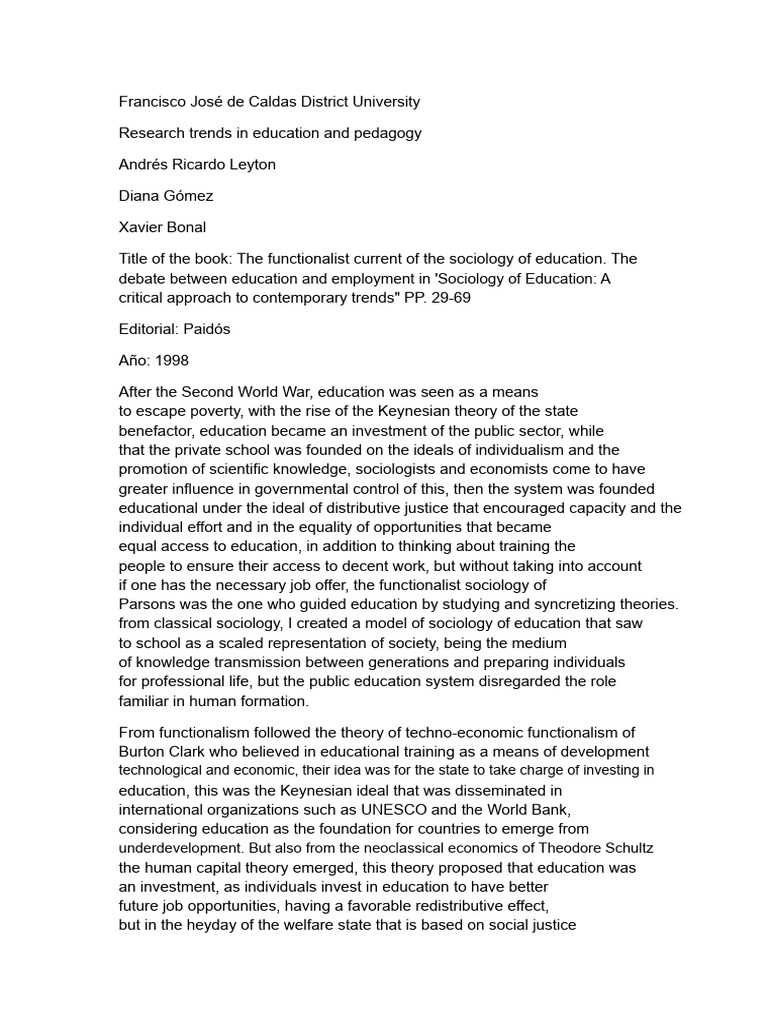 Review of The Functionalist Current of The Sociology of Education | PDF ...