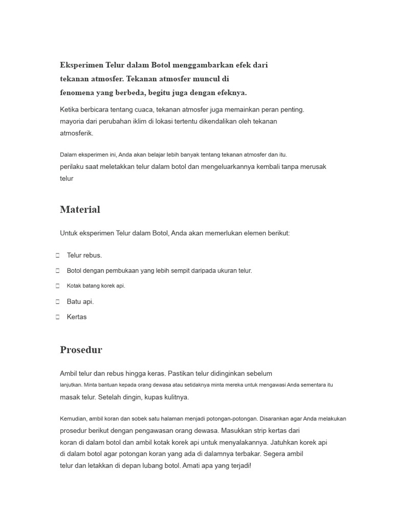 Eksperimen Telur Dalam Botol Mengilustrasikan Efek Tekanan Atmosfer | PDF