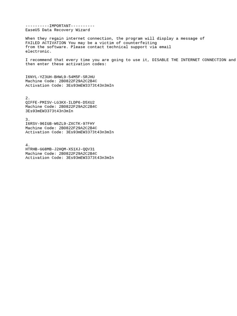 Activation Codes - EaseUS Data Recovery | PDF