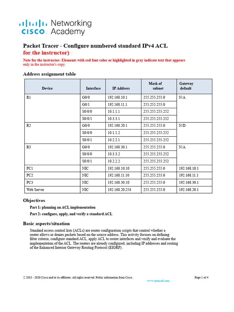 5.1.8 Packet Tracer - Configure Numbered Standard IPv4 ACLs - ILM | PDF ...