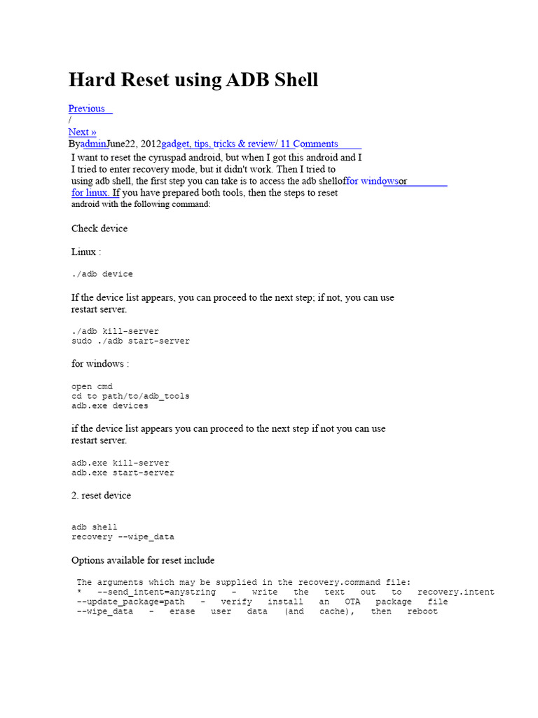 Hard Reset Using ADB Shell Android | PDF