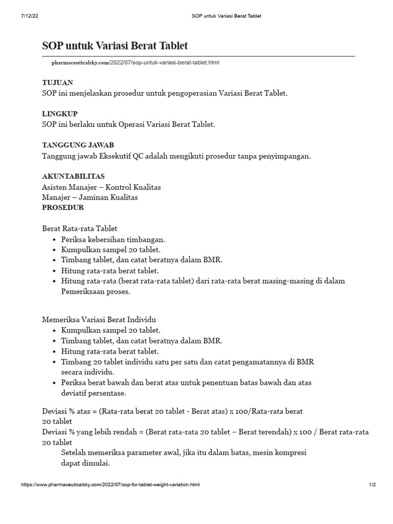 SOP Untuk Variasi Berat Tablet | PDF