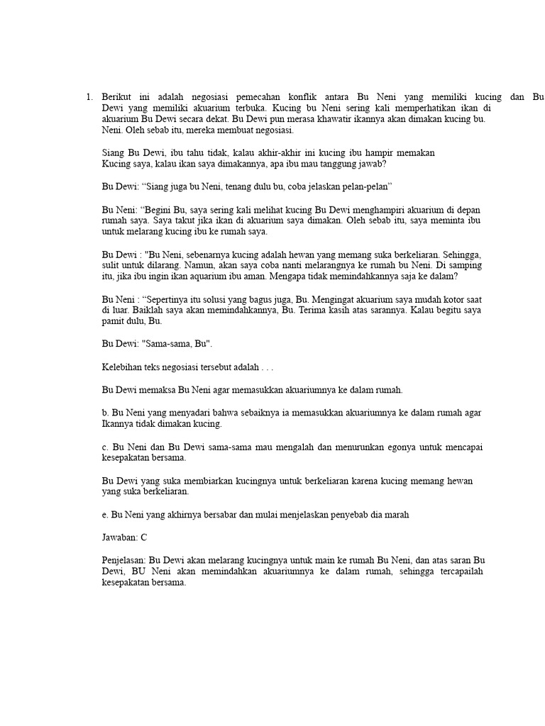 Berikut Ini Adalah Negosiasi Pemecahan Konflik Antara Bu Neni Yang Memiliki Kucing Dan Bu Dewi ...