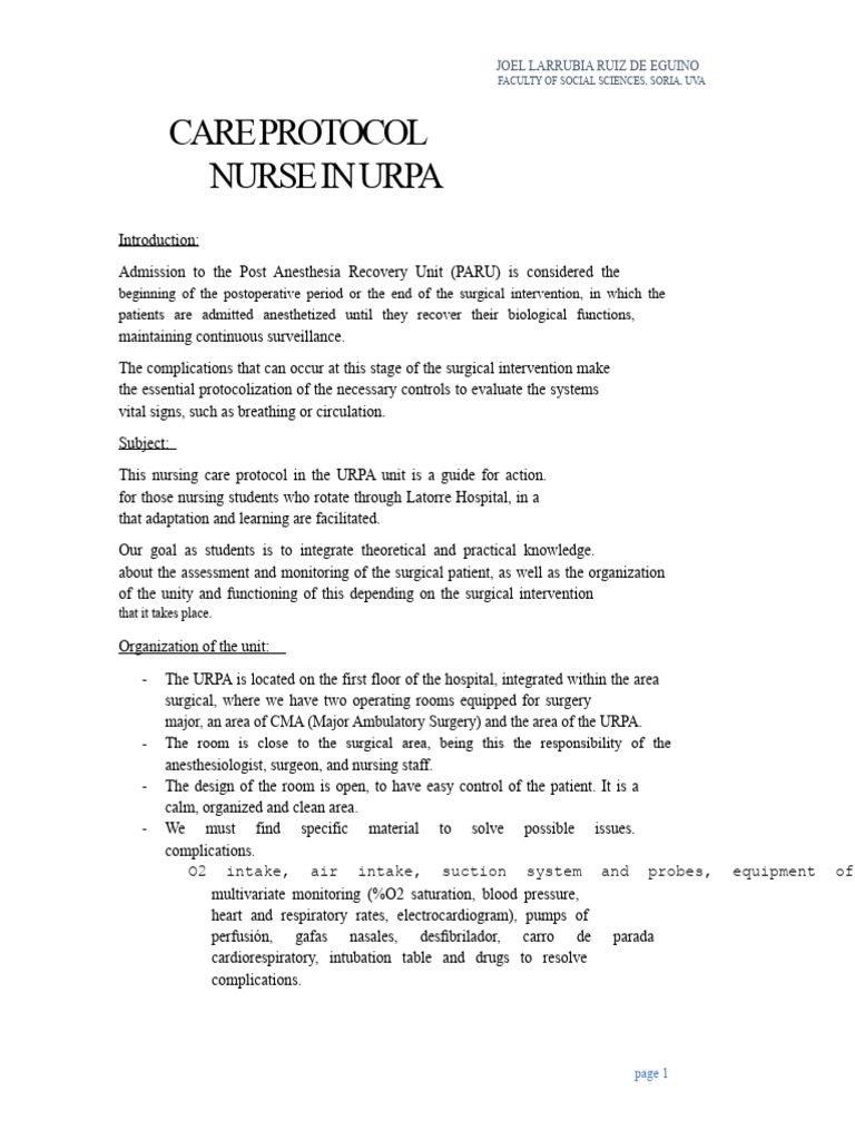 Nursing Care Protocol for URPA Unit | PDF | Surgery | Anesthesia