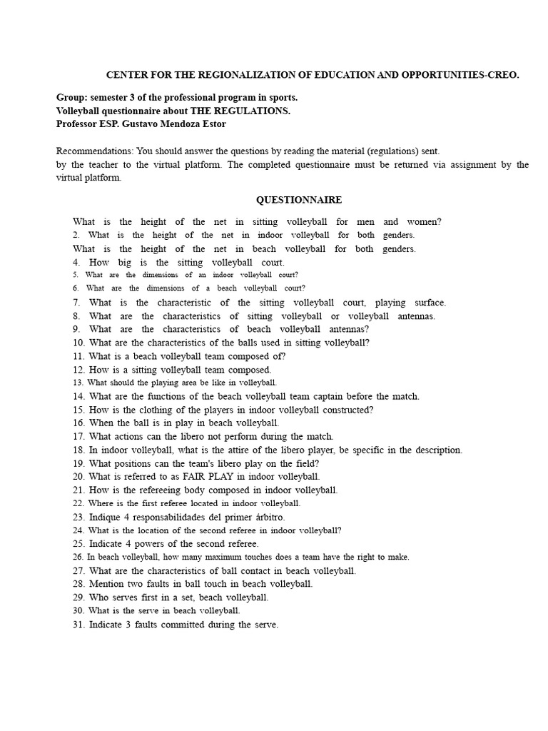 Questionnaire On VOLLEYBALL REGULATIONS Conducted | PDF | Volleyball ...