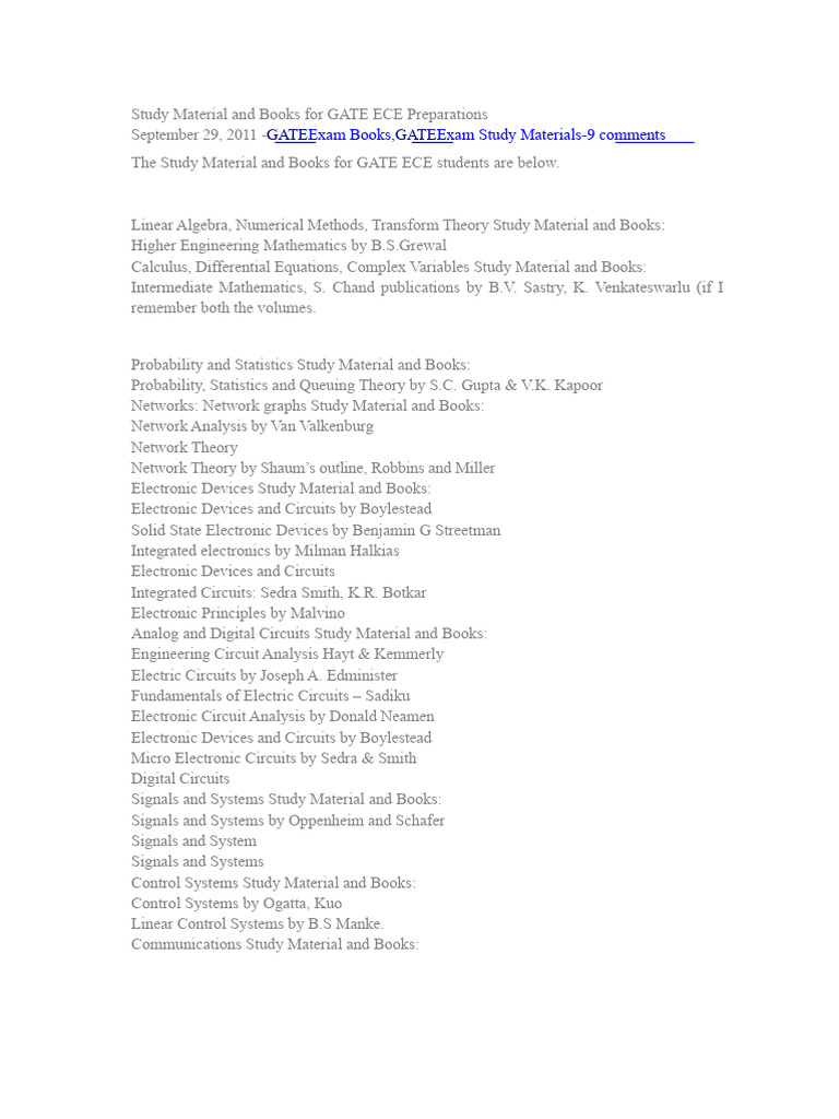 GATE ECE Study Materials & Books Guide | PDF | Electronic Engineering ...