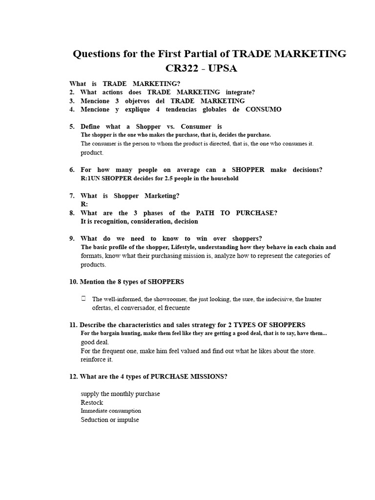 Questions For The First Partial of TRADE MARKETING | PDF | Marketing ...