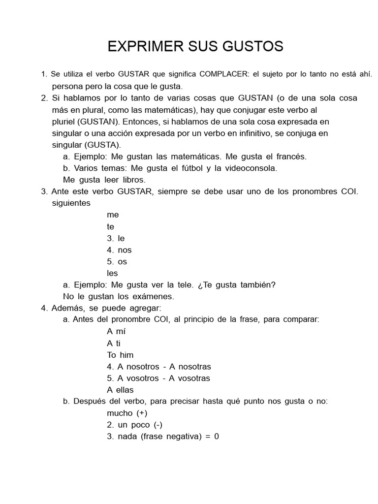 El Verbo GUSTAR y Las Construcciones Afectivas en Español | PDF | Verbo ...