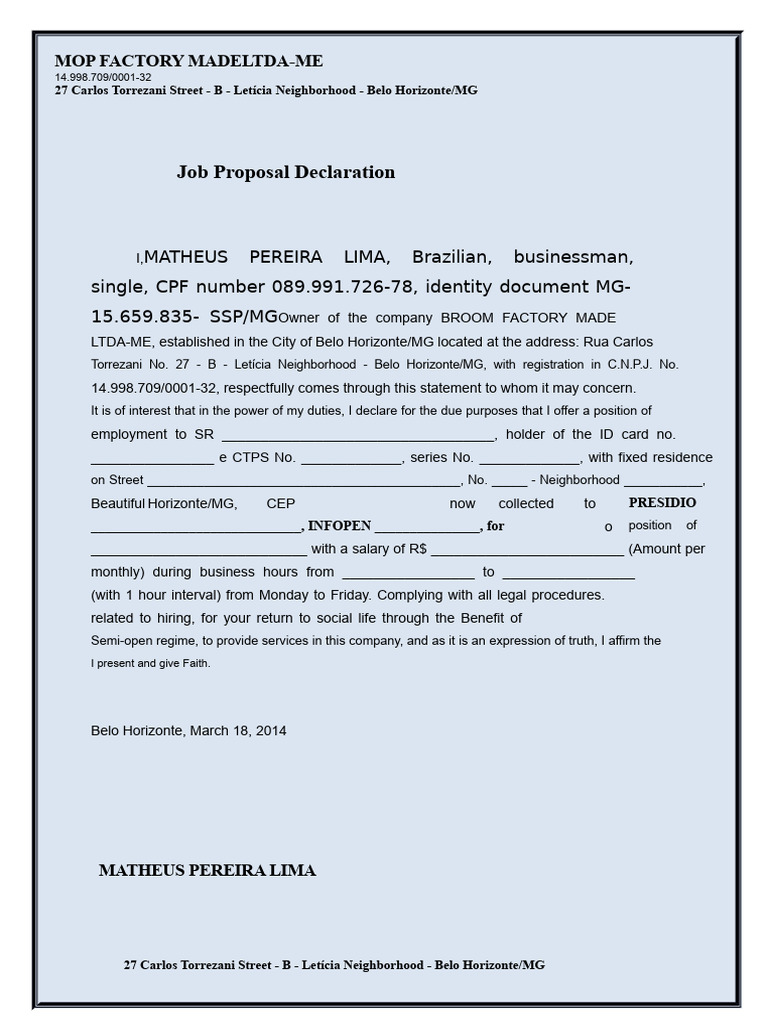 MODEL Declaration of Employment Proposal For Inmate | PDF