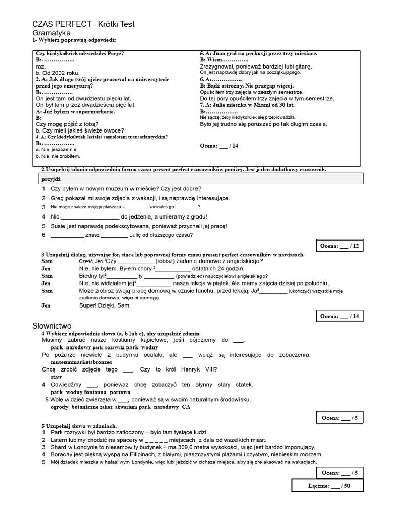 CZAS PRESENT PERFECT Krótk Test | PDF