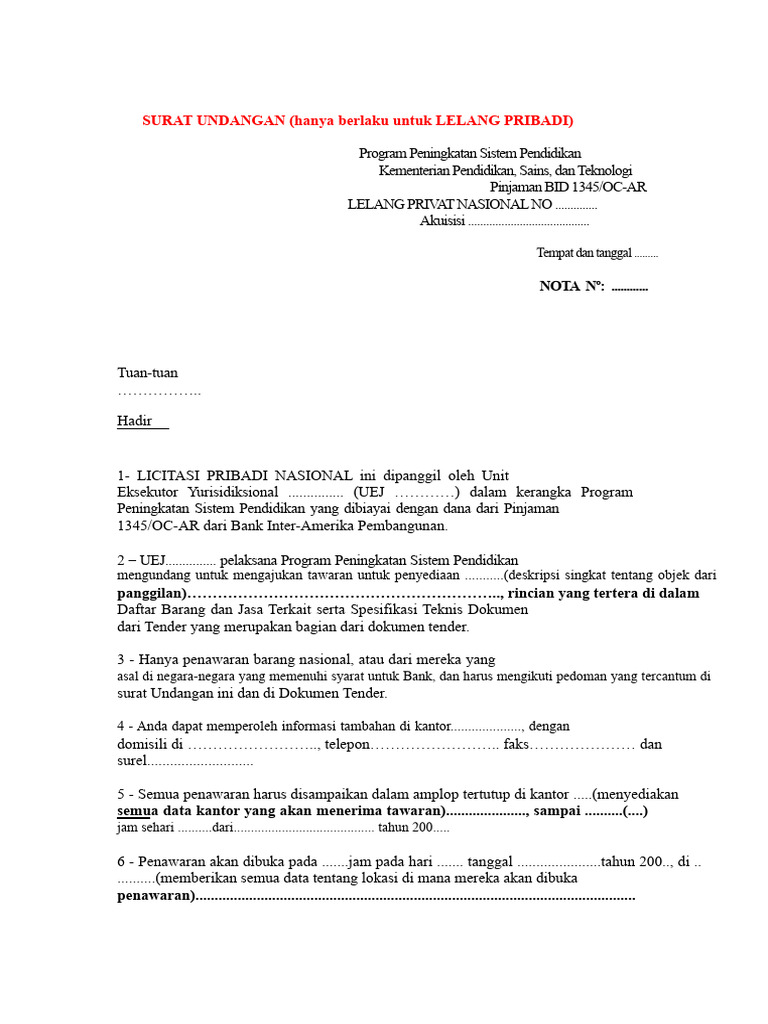 Model Surat Undangan Lelang | PDF