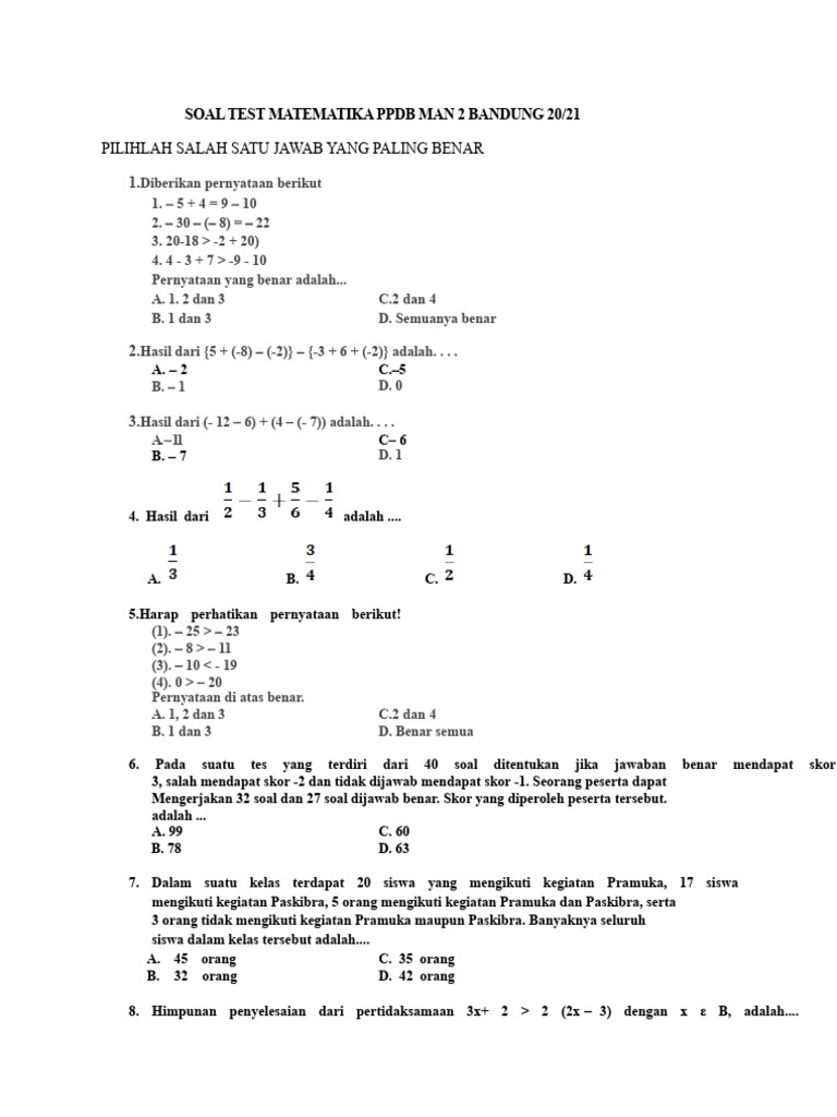 Soal Test Matematika PPDB Man 2 Bandung 20 | PDF