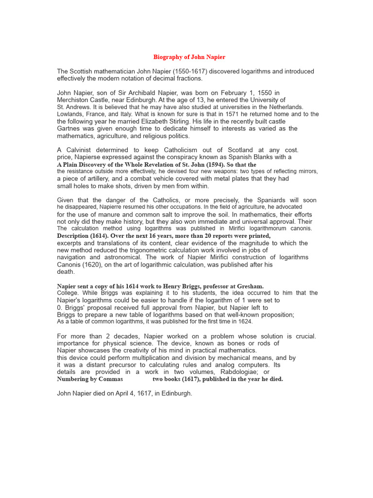 Biography of John Napier | PDF | Mathematics