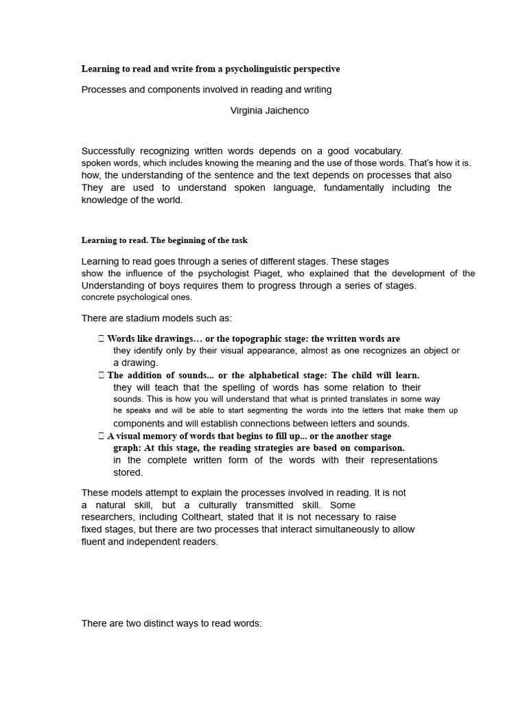 Learning To Read and Write From A Psycholinguistic Perspective | PDF ...