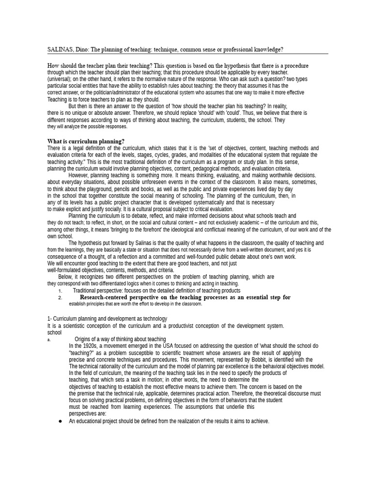 Summary SALINAS Dino The Planning of Teaching: Technique, Common Sense or Professional Knowledge ...