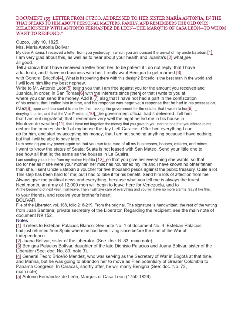 Letter From Simón Bolívar To His Sister María Antonia in Cuzco | PDF