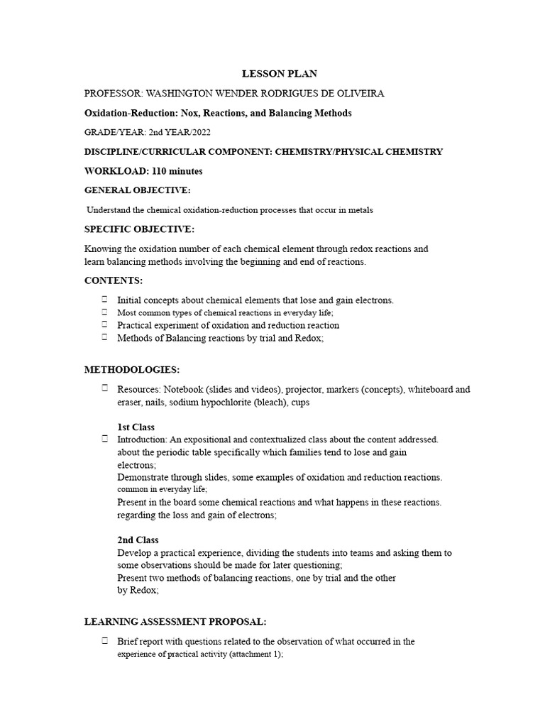 Lesson Plan Oxidation-Reduction | PDF | Redox | Chemistry