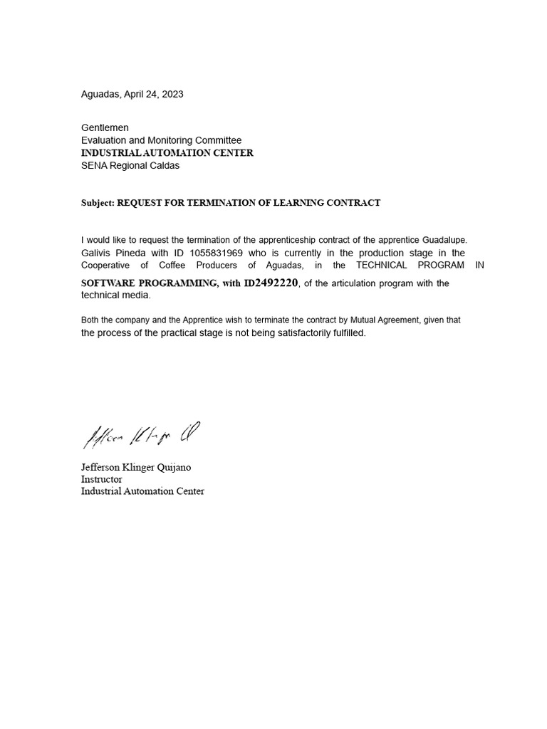 Request Letter For The Termination of The Apprenticeship Contract For ...
