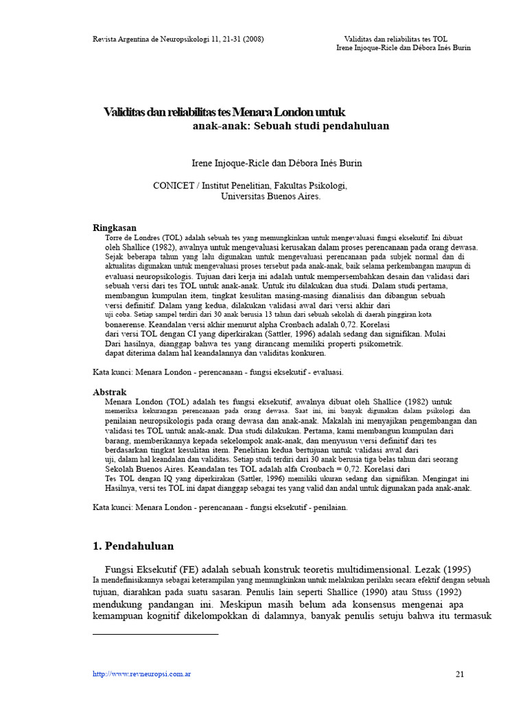 Validitas Dan Reliabilitas Tes Menara London Untuk Anak-Anak | PDF