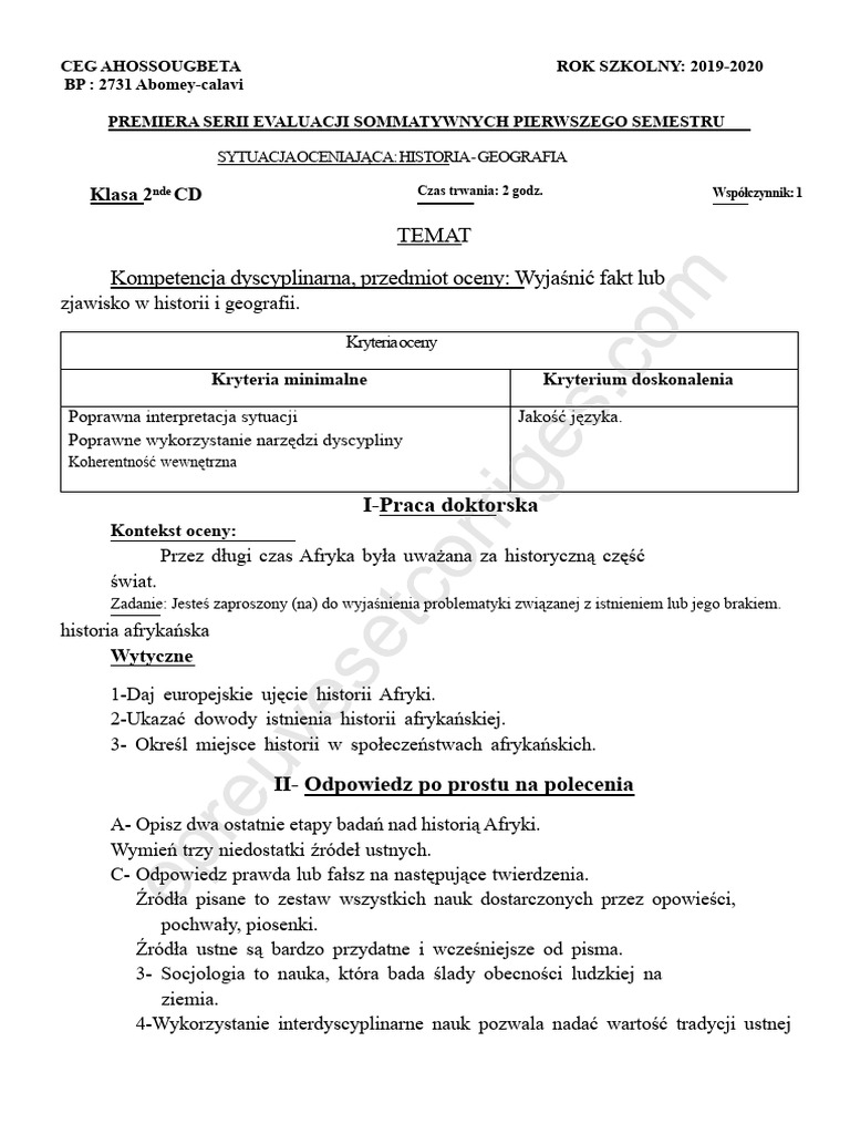 Praca Domowa Na Pierwszy Semestr Historia-Geografia 2nde CD 2019-2020 Ceg Ahossougbeta | PDF