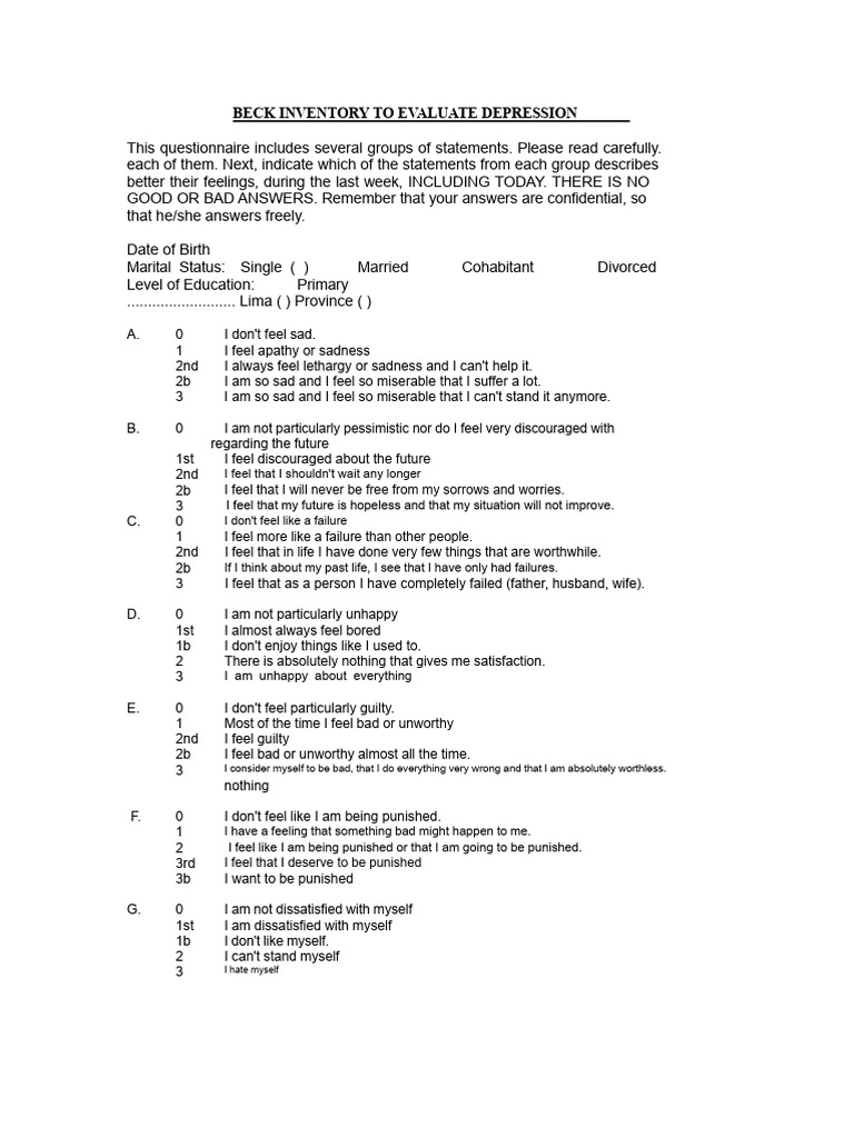 Beck Depression Inventory Questionnaire | PDF | Major Depressive ...