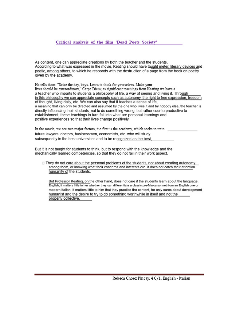Critical Analysis of The Movie Dead Poets Society. | PDF | Learning ...