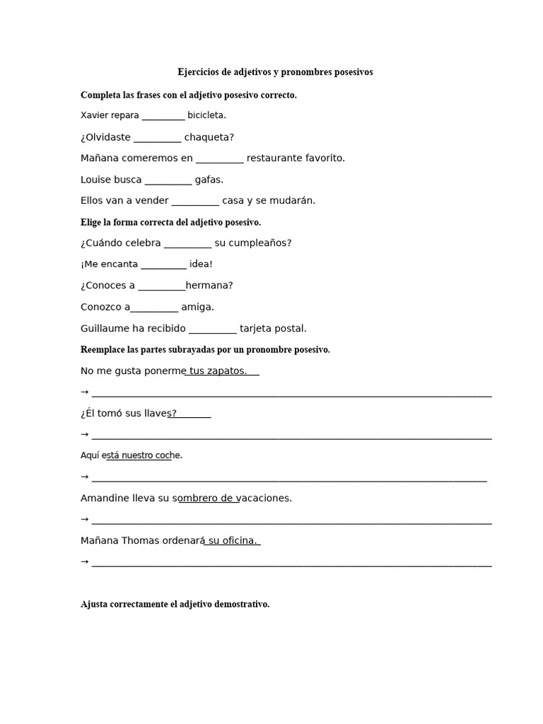 Ejercicios de Adjetivos y Pronombres Posesivos | PDF | Pronombre ...