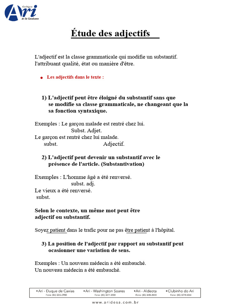 Étude Des Adjectifs | PDF | Genre grammatical | Nom (grammaire)