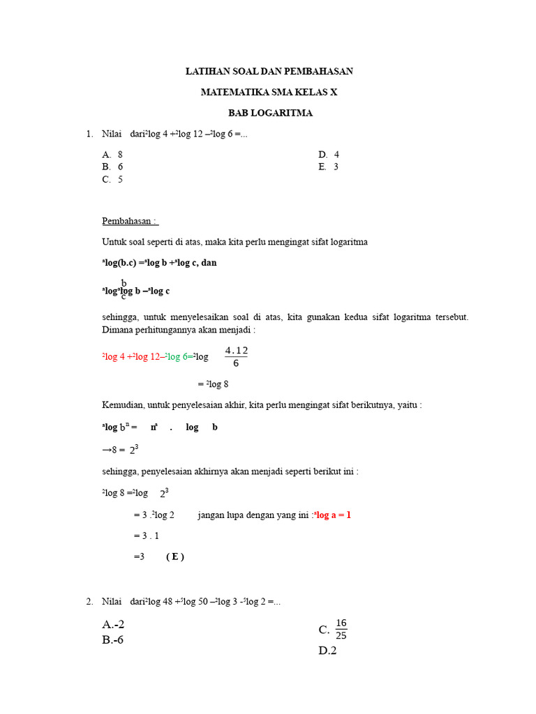 67524669-Latihan-soal-dan-pembahasan-Logaritma-SMA-kelas-X | PDF