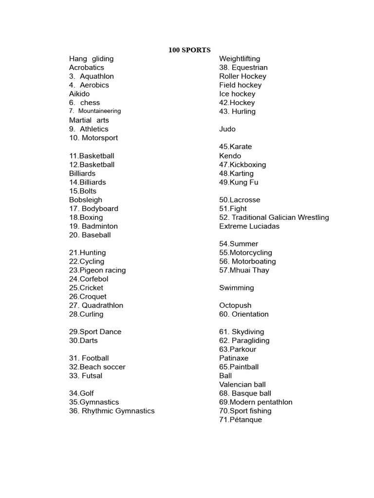 100 Names of Sports | PDF | Olympic Sports | Entertainment