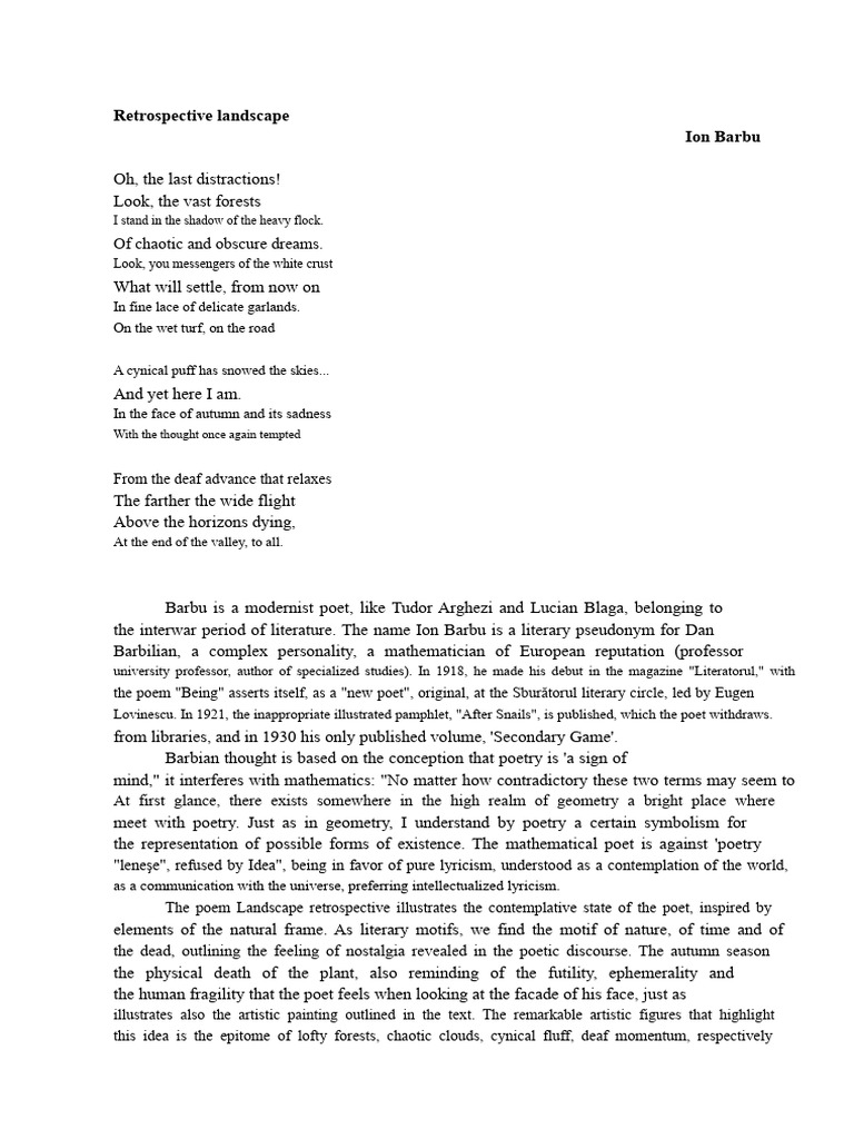Ion Barbu Landscape Retrospective | PDF | Poetry