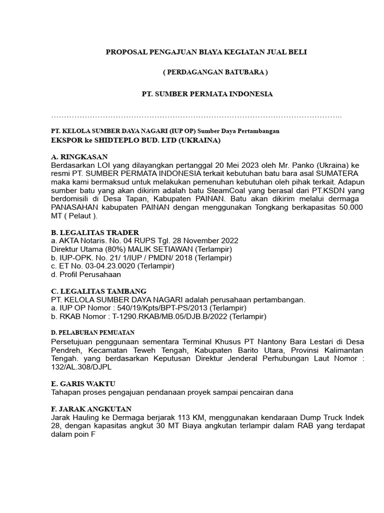 Proposal Perdagangan Batu Bara Kepada Investor | PDF