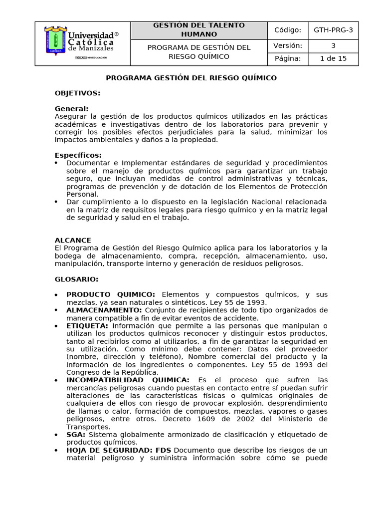 GTH PRG 3 Programa Manejo Quimicos | PDF | Laboratorios | Residuos ...