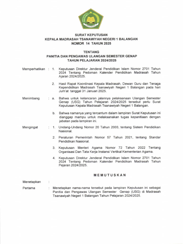 Surat Tugas Panitia Pegawas Ulangan Semester Genap 2025 | PDF