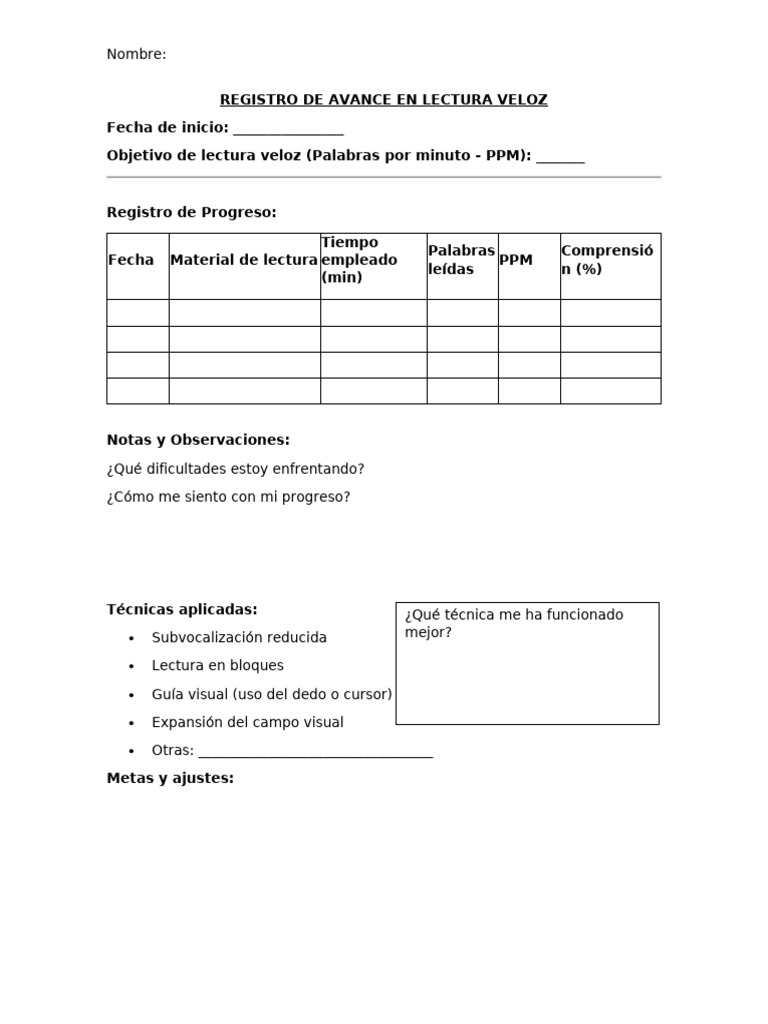 Registro de Avance en Lectura Veloz | PDF
