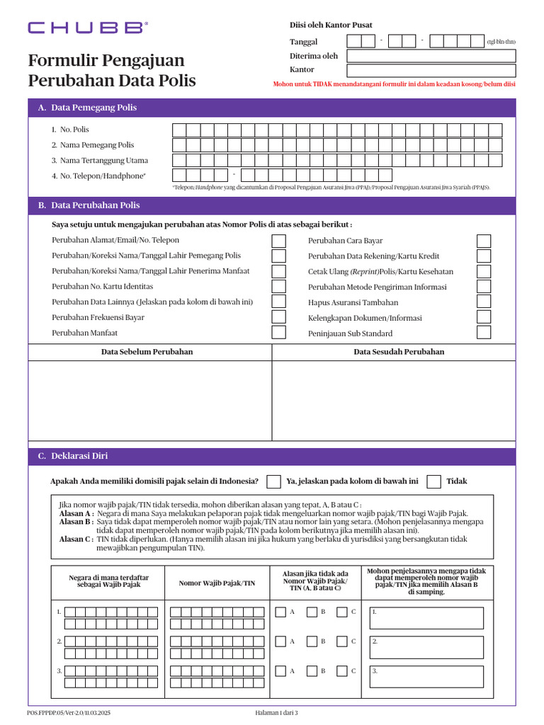 Formulir Pengajuan Perubahan Data Polis 2025 | PDF
