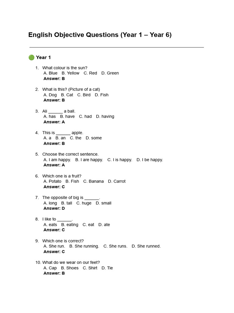 English Objectives and Answers 1-6 | PDF