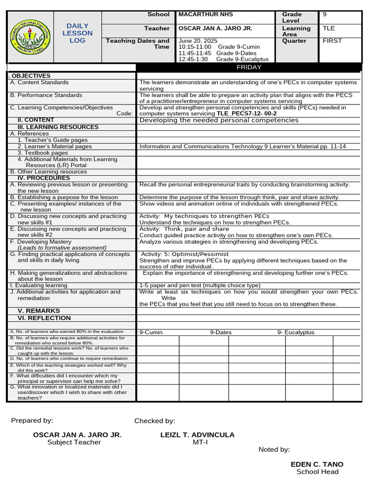 Grade 9 TLE Daily Lesson Log | PDF | Learning | Teachers