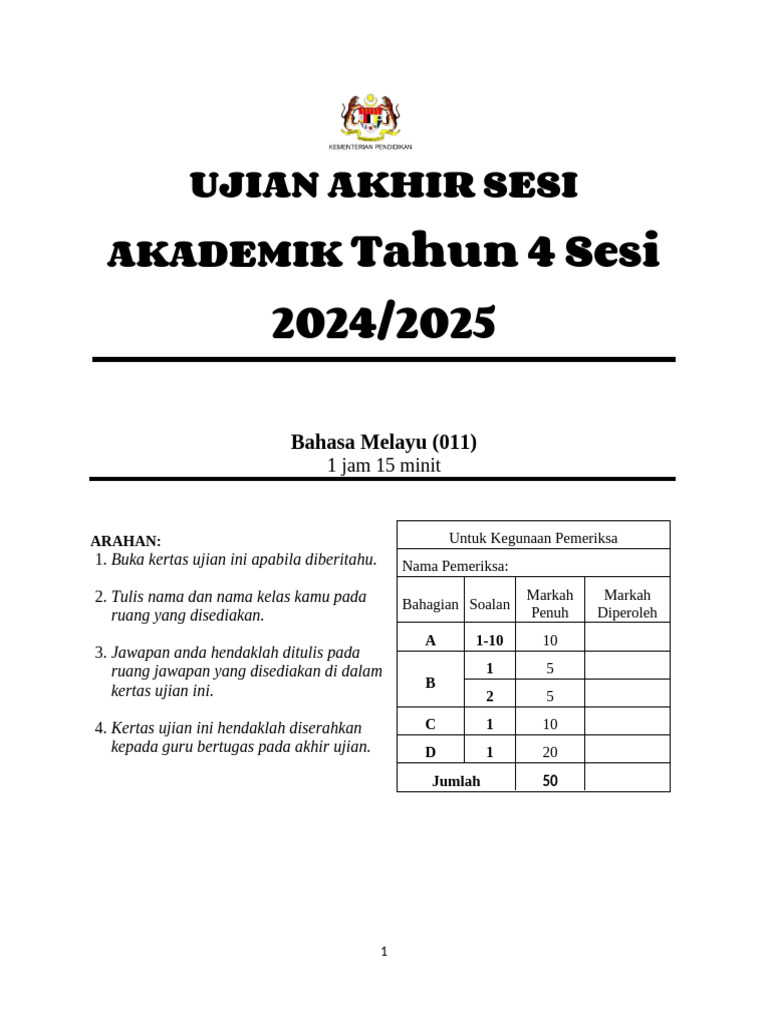 Instrumen BM Uasa Tahun 4 2024-2025 | PDF