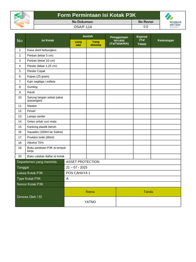 Form Permintaan Isi Kotak P3K | PDF