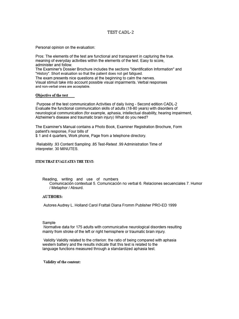 CADL-2 Assessment Overview | PDF | Aphasia | Validity (Statistics)