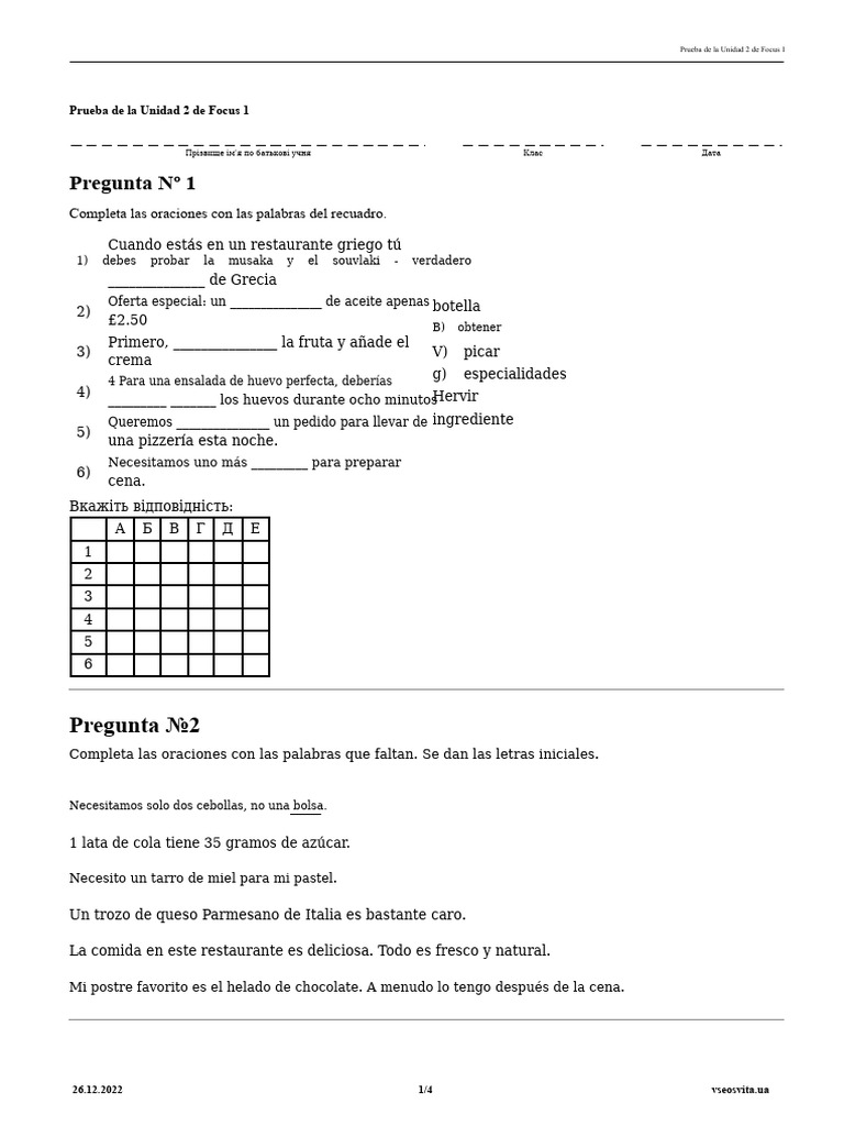 Prueba Unidad 2 Focus 1: Ejercicios de Comida | PDF | Cocina occidental ...
