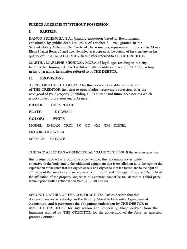 Pledge Agreement Without Possession | PDF | Guarantee | Insurance