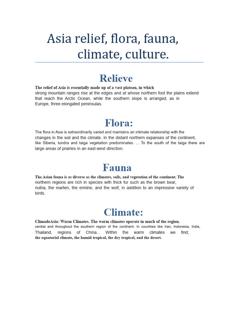 Asia Relief, Flora, Fauna, Climate, Culture | PDF