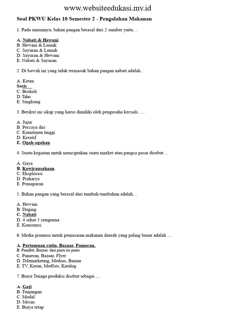 Soal PKWU Kelas 10: Pengolahan Makanan | PDF