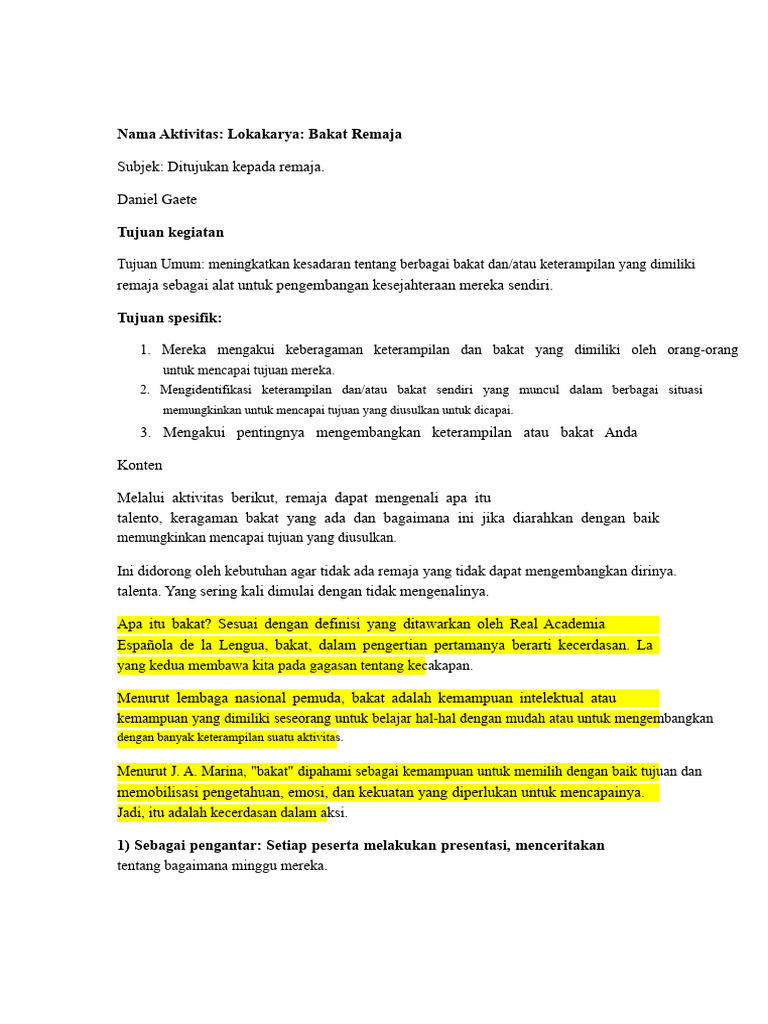 Lokakarya Pengembangan Bakat Remaja | PDF