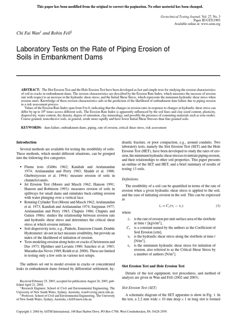 Feel (2004) - Laboratory Tests On The Rate of Piping Erosion of Soils ...